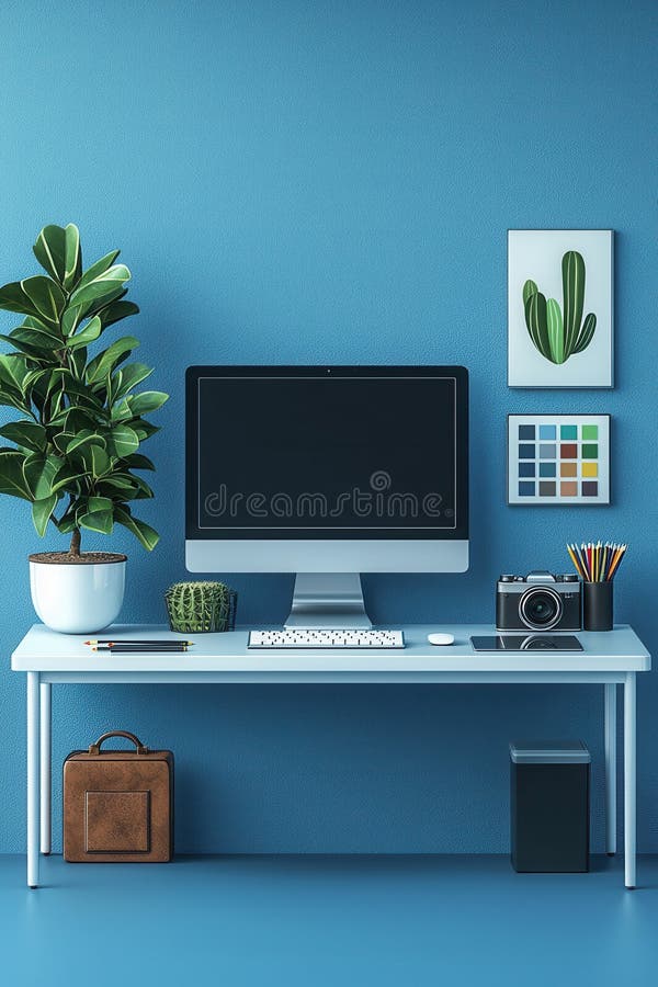 Modern Home Office Desk with Computer and Decor Items Against Blue Wall ...