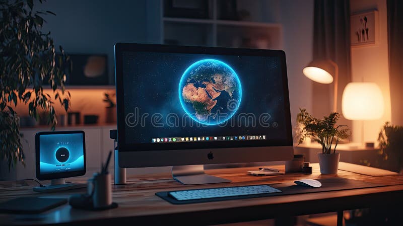 A Modern Home Office Desk with a Computer Displaying a Blue Earth Globe ...
