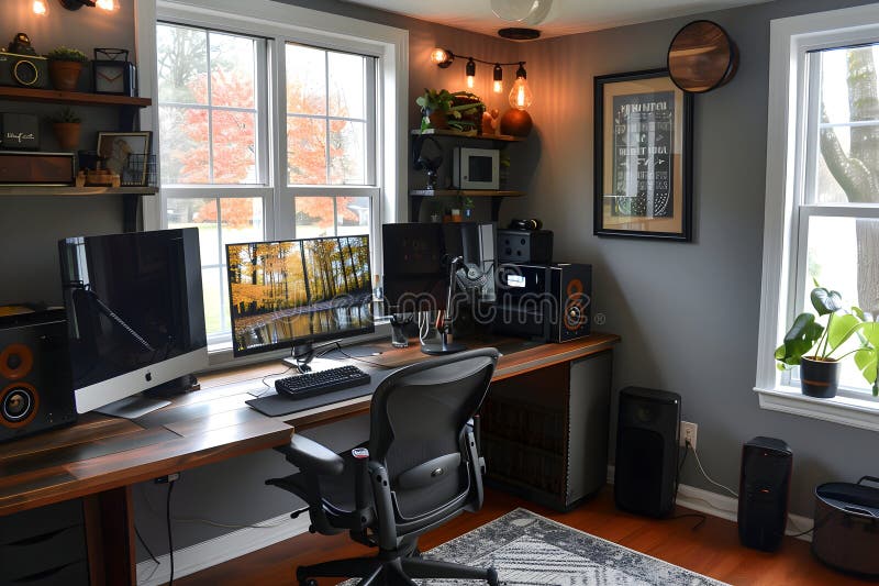 A Modern Home Office with a Desk, Computer Setup, and Plants by the ...