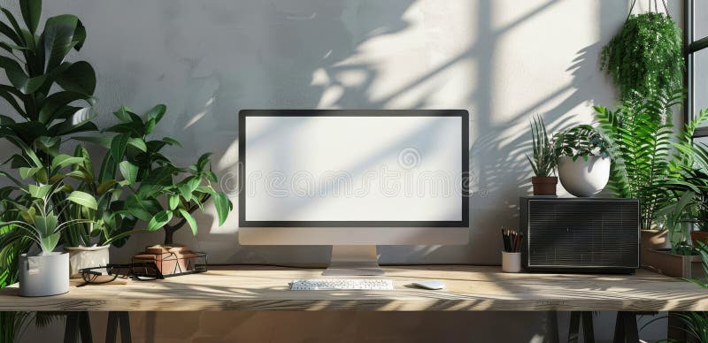 Modern Home Office Desk with Desktop Computer and Plants in Natural ...