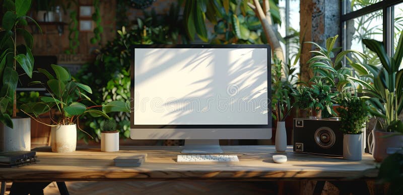 Modern Home Office Desk with Desktop Computer and Plants in Natural ...