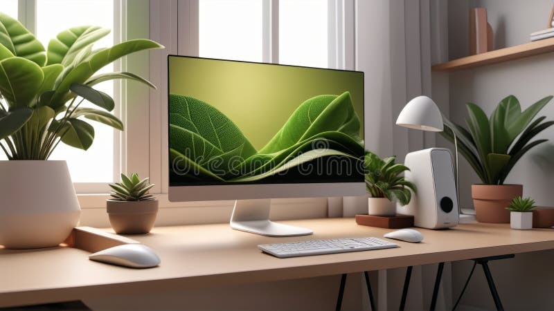 Modern Home Office Desk with Greenery, Computer Display, and Natural ...
