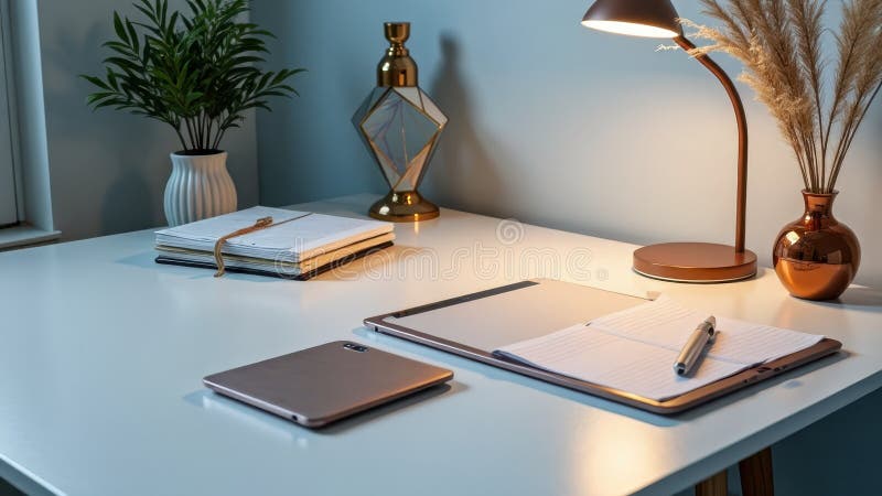 Modern Home Office Desk with Laptop, Notebooks, Lamp, and Decorative ...