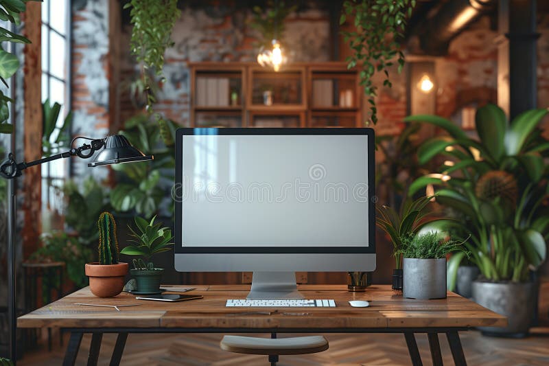 Modern Home Office Desk with Plants and Computer Stock Image - Image of ...