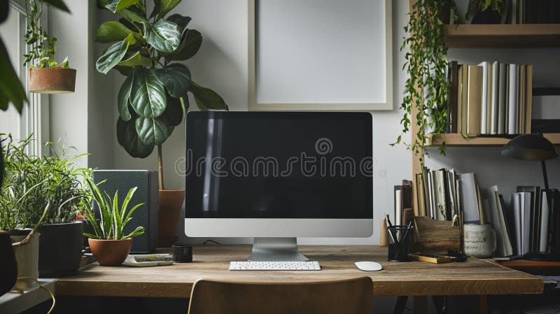 A Modern Home Office Desk Setup with a Computer and Houseplants Stock ...