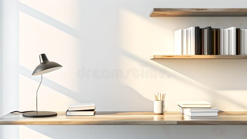 Modern Home Office Desk Setup with Lamp and Books. Clean, Simple Design ...