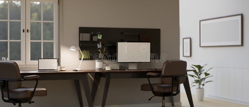 Modern Home Office with Desktop Computer with Stationery on Wooden ...