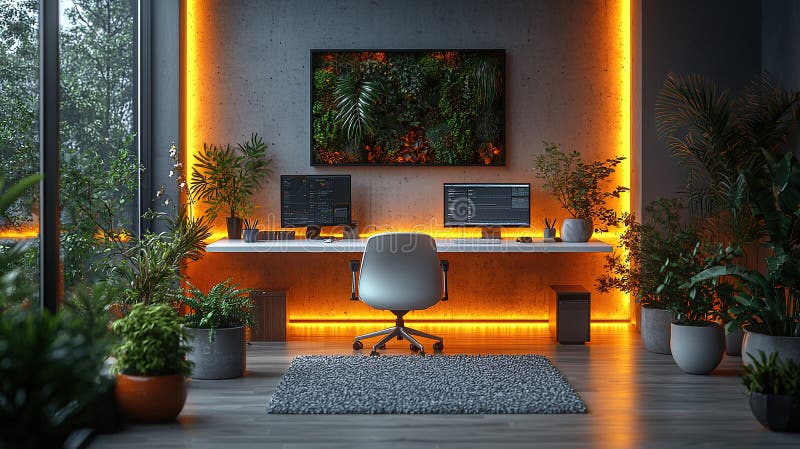 A Modern Home Office Features a Dual Monitor Setup, Surrounded by Lush ...