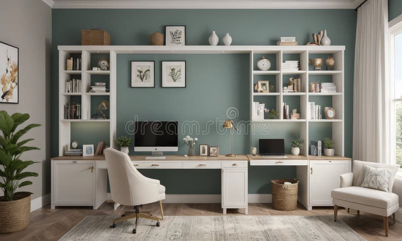 Modern Home Office Features Large White Bookshelf, White Desk with ...