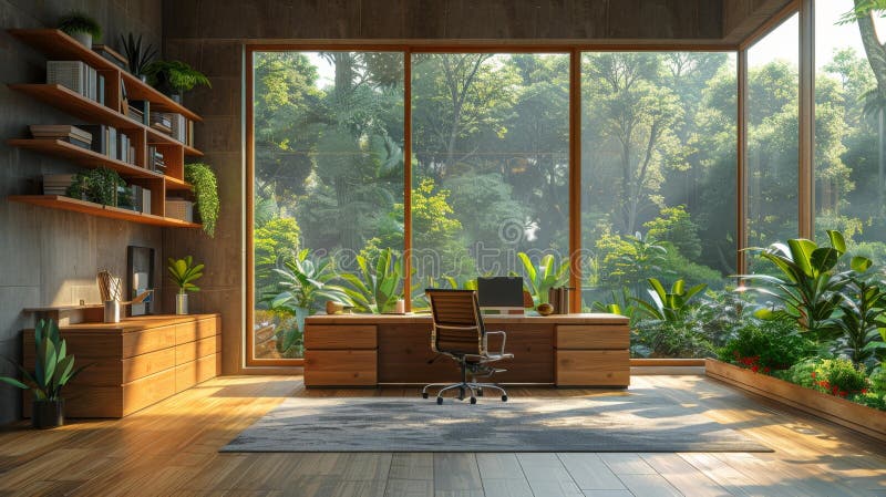 Modern Home Office with Forest View - Generative Ai Stock Illustration ...