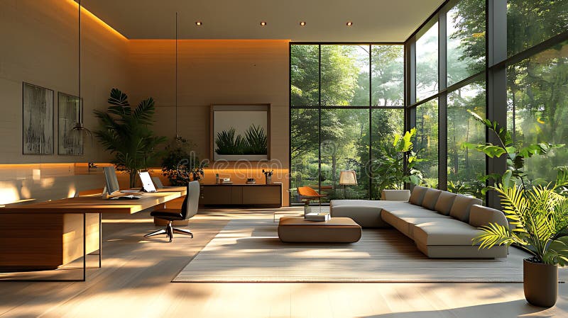 Modern Home Office, Forest View, Sunlight, Relaxing, Workspace Stock ...
