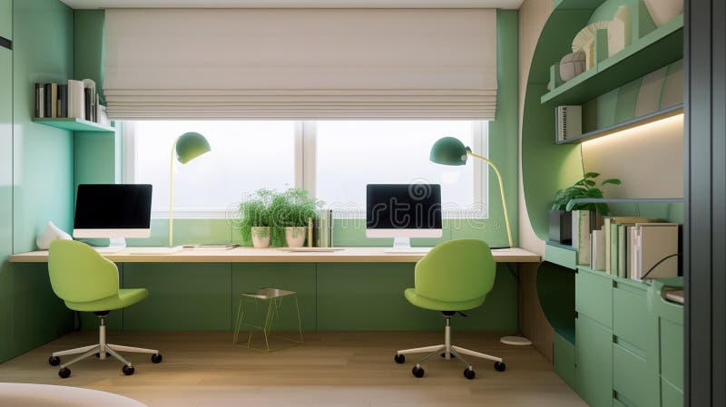 Modern Home Office with Green Interior Design and Dual Desks Stock ...