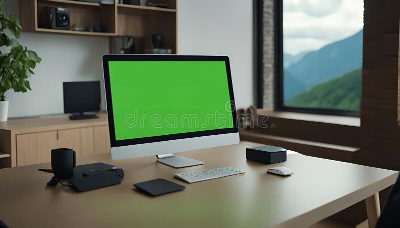 Modern Home Office with Green Screen Computer Stock Photo - Image of ...