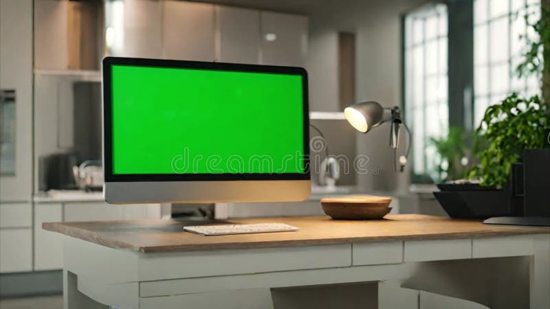 Modern Home Office with Green Screen Computer Stock Footage - Video of ...