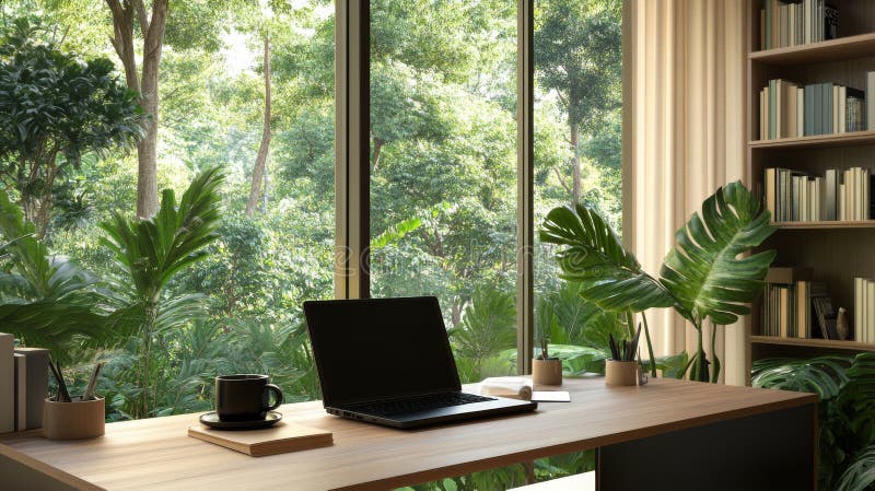 Modern Home Office with Greenery View: Remote Work Desk with Natural ...