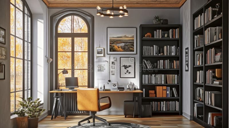 Modern Home Office Interior with Black Desk, Bookshelves, and Window ...