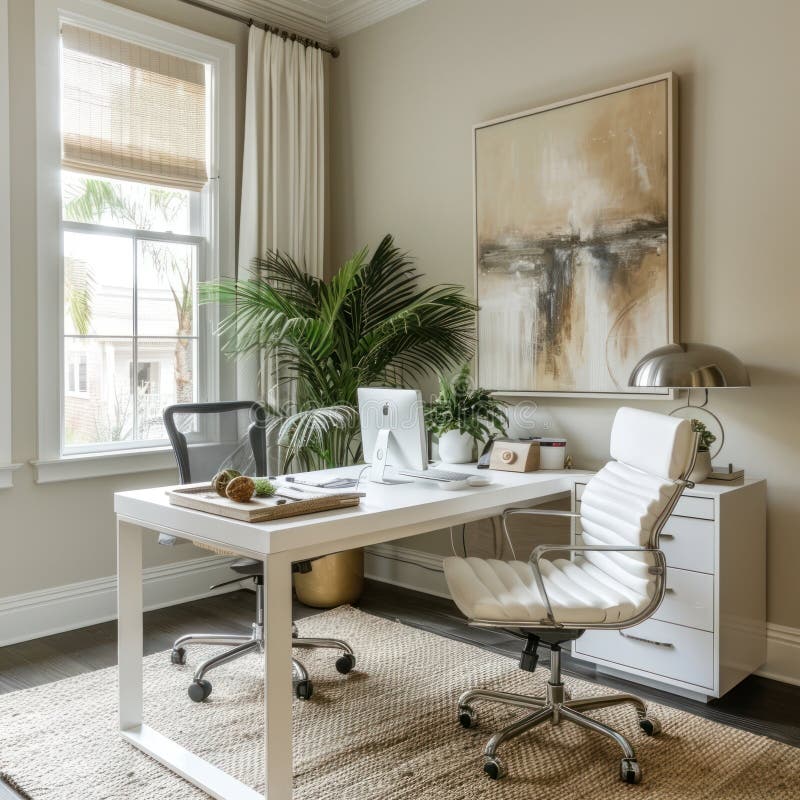 Modern Home Office Interior Design with White Desk and Abstract ...