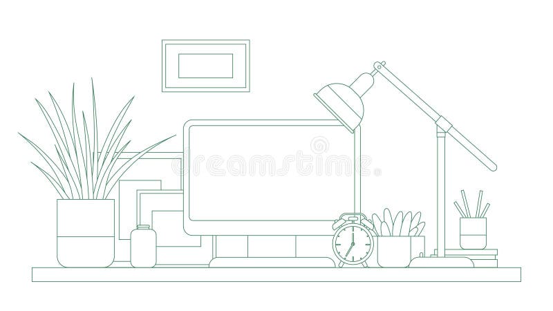 Modern Home Office Interior Line Art. Remote Workplace with Desk, Chair ...