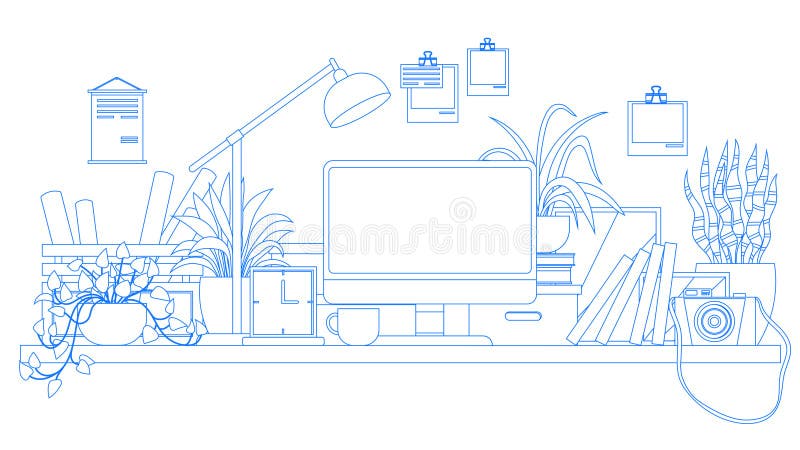 Modern Home Office Interior Line Art. Remote Workplace with Desk, Lamp ...
