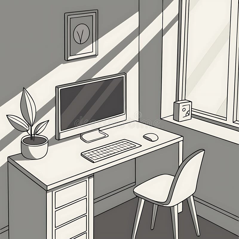 Modern Home Office Interior with Sunlight and Minimalist Design Elements Stock Illustration ...