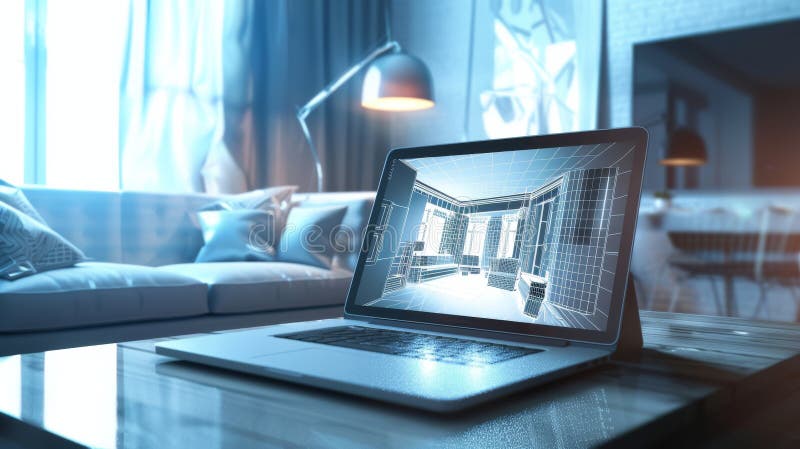 Modern Home Office with Laptop Showing 3D Interior Design Software ...