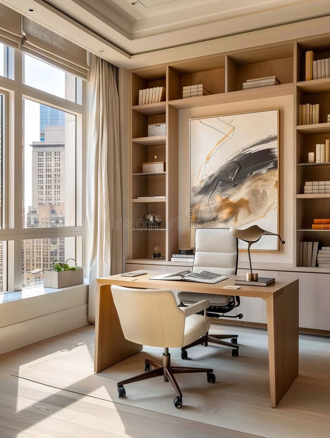 A Modern Home Office with a Large Window Stock Photo - Image of supply ...