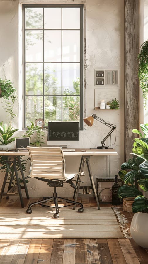A Modern Home Office with a Large Window, a Desk with a Chair, and ...