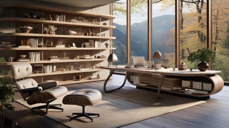 Modern Home Office with Large Window and Forest View Generated Using AI ...