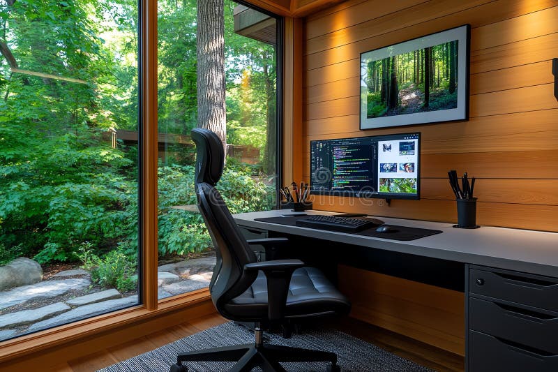 Modern Home Office with Large Window Showcasing a Serene Forest View ...