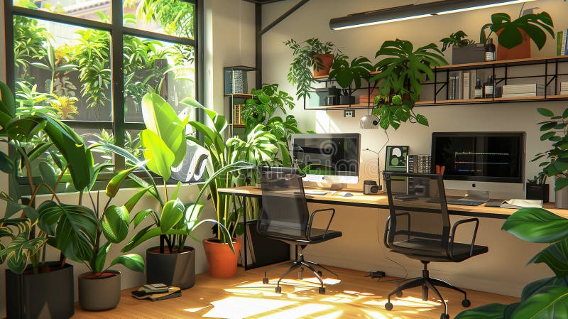 A Modern Home Office with Large Windows, Filled with Various Potted ...