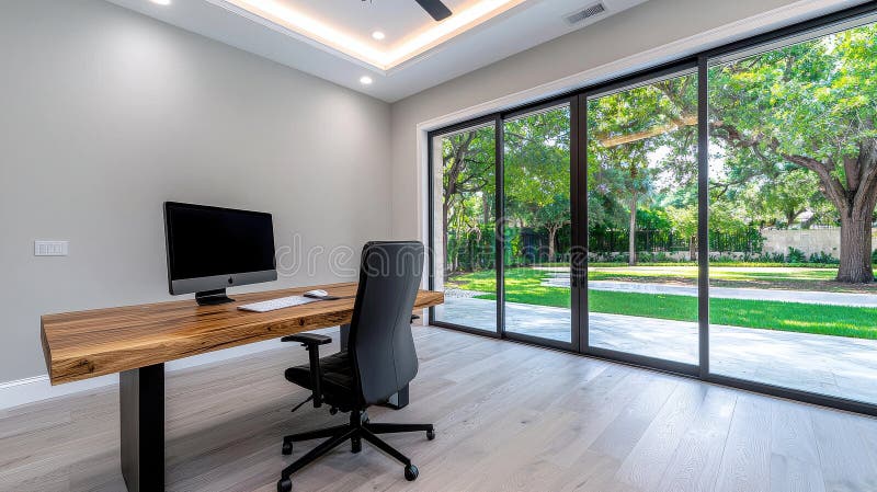 Modern Home Office with Large Windows Showcasing Lush Greenery Outside ...