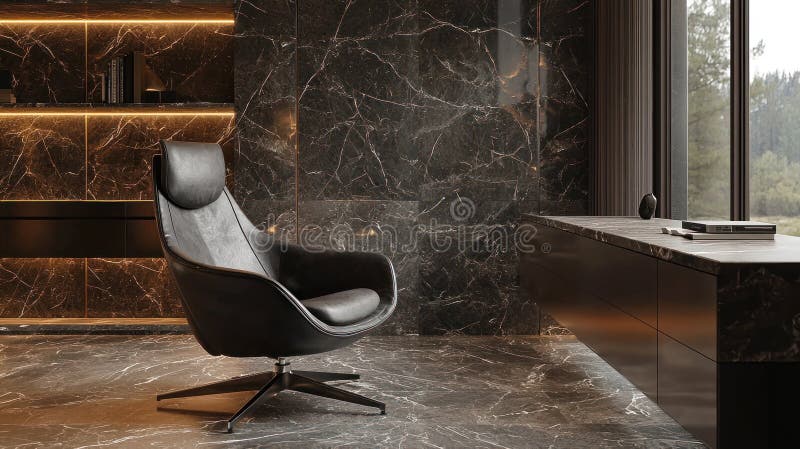 Modern Home Office with Leather Chair, Marble Walls, and Forest View ...