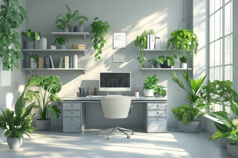 Modern Home Office with Many Plants Bright Sunlight Stock Illustration ...