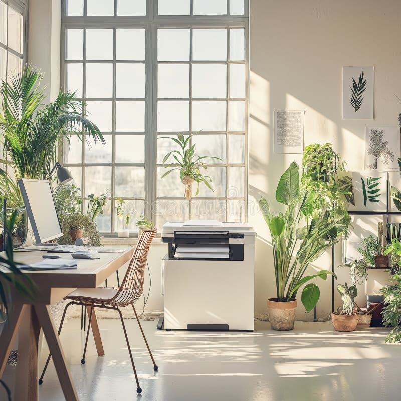 Modern Home Office with Natural Light and Indoor Plants for a Calming ...