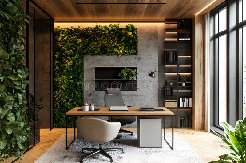 Modern Home Office with Organic Textures, Greenery, and Solar-powered ...