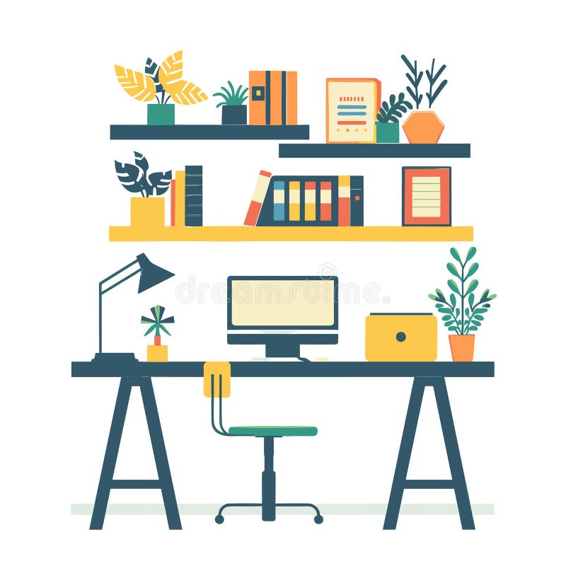 Modern Home Office Organized Workspace, Computer Desktop, Plants ...