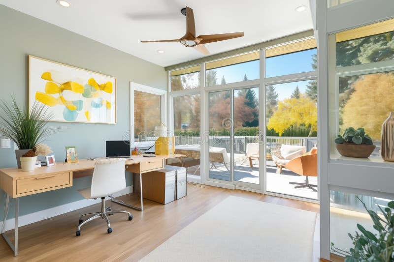 Modern Home Office with Patio Views through Floortoceiling Windows ...