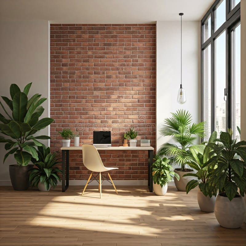 Modern Home Office with Plants and Brick Wall Stock Illustration ...