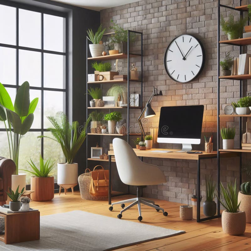 Modern Home Office with Plants and Brick Wall Stock Illustration ...