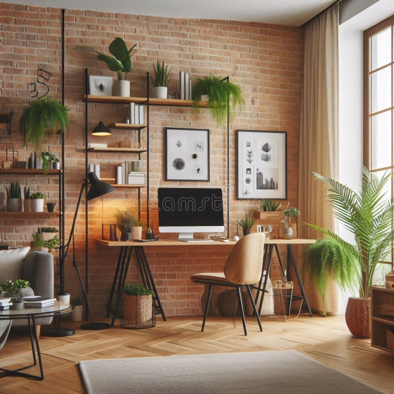 Modern Home Office with Plants and Computer Setup Stock Illustration ...