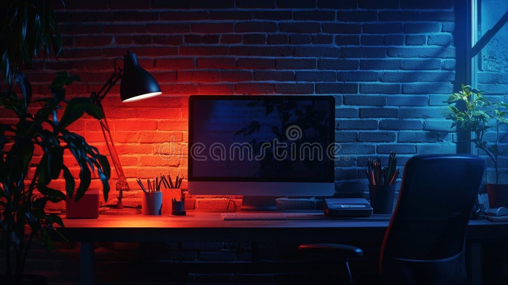 Modern Home Office with Red and Blue Lighting Stock Photo - Image of ...