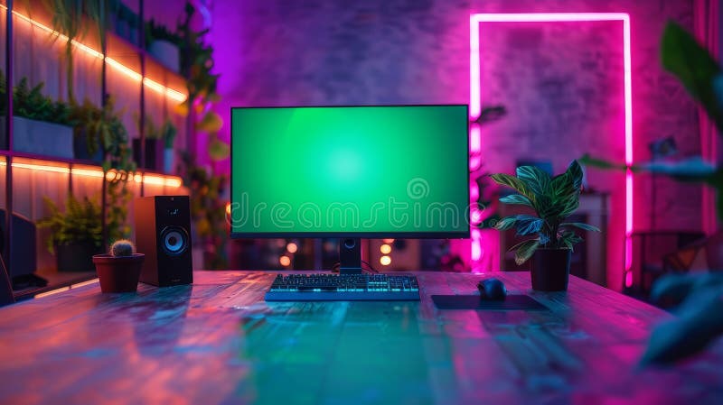 Modern Home Office Setup with Chroma Green Screen and LED Lights Stock ...