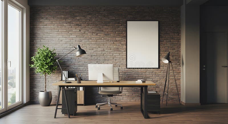 Modern Home Office Setup with Computer on Desk and Brick Wall Stock ...