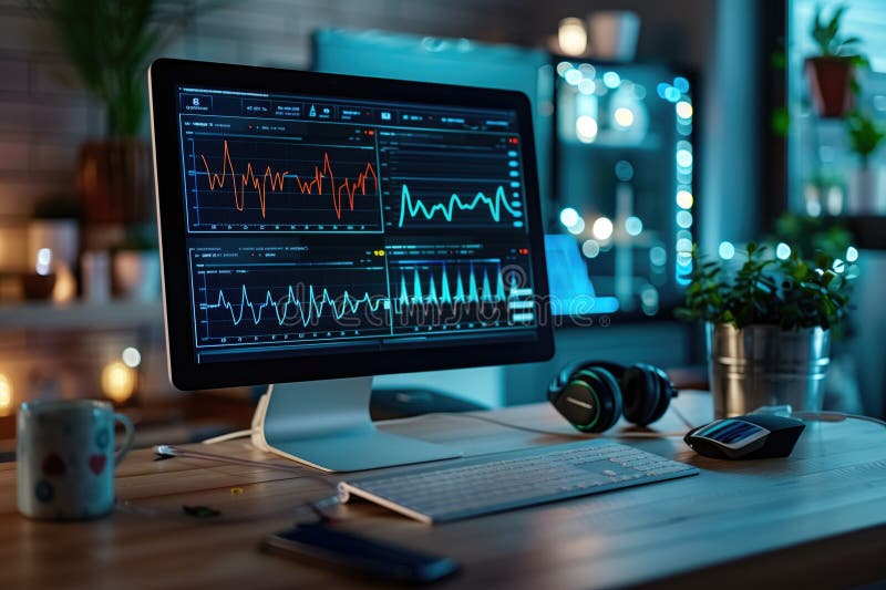Modern Home Office Setup with Data Analytics on Computer Screen and ...