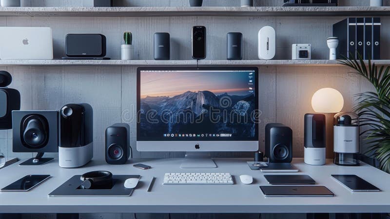 Modern Home Office Setup with Desk, Computer, Speakers, and Accessories ...