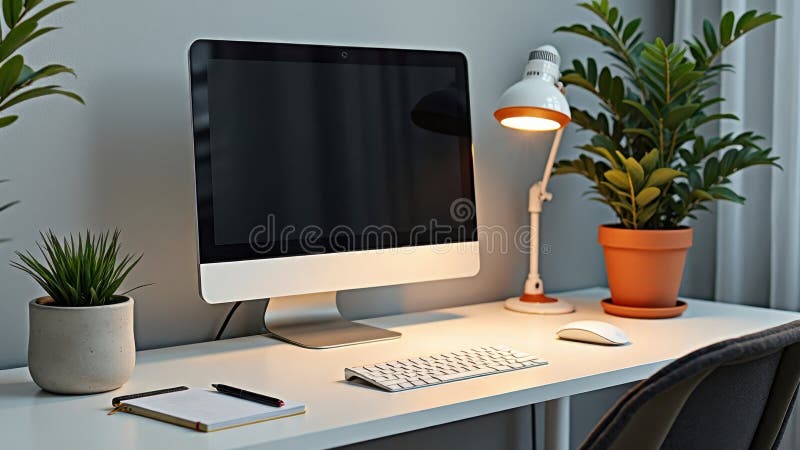 Modern Home Office Setup with Desktop Computer, Keyboard, and Desk ...