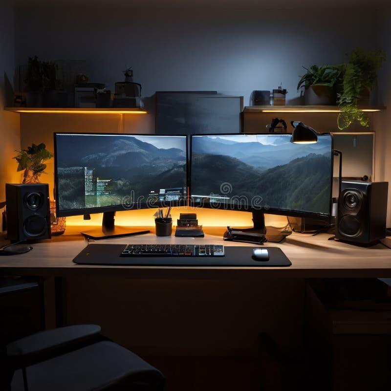 Modern Home Office Setup with Dual Monitors Stock Illustration ...