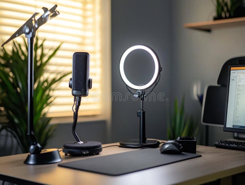 Home Office Podcast Recording Setup with Microphone and Ring Light ...