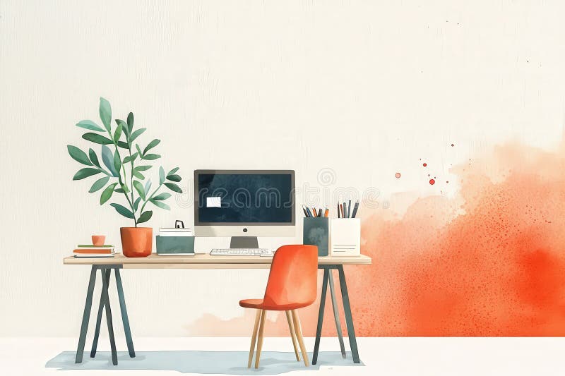 Generative AI, Modern Home Office Setup Featuring Computer, Plant, and ...