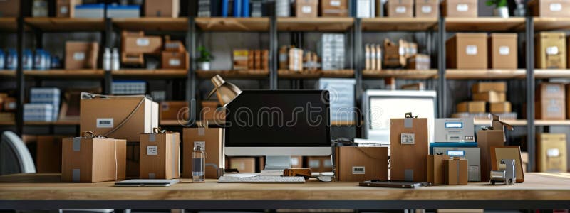 Home Office with Cardboard Boxes and Shipping Supplies on Desk Stock ...
